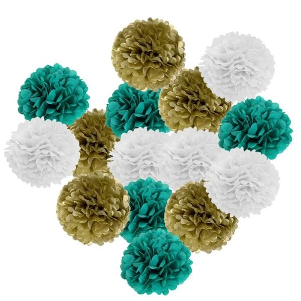 Teal Gold Party Decorations Hanging Tissue Paper Pom Poms For Baby ...