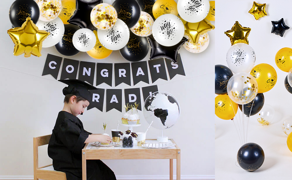 SUNBEAUTY 24PCS Black and Gold Graduation Balloons Graduation Party ...