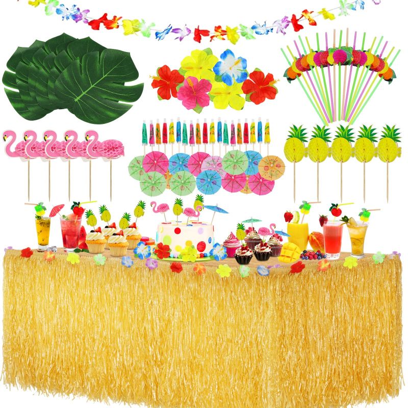 Luau Tropical Grass Table Skirt Set with Palm Leaves Multicolored for ...