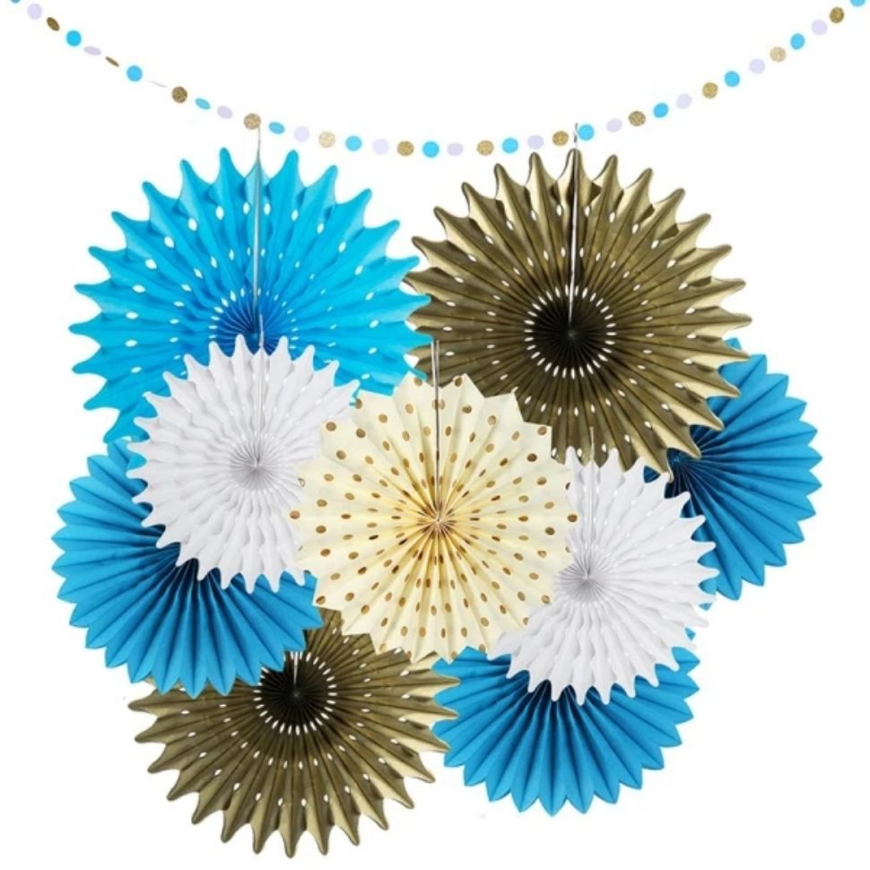 Blue Hanging Paper Fans Party Decoration Set Round Tissue Paper ...