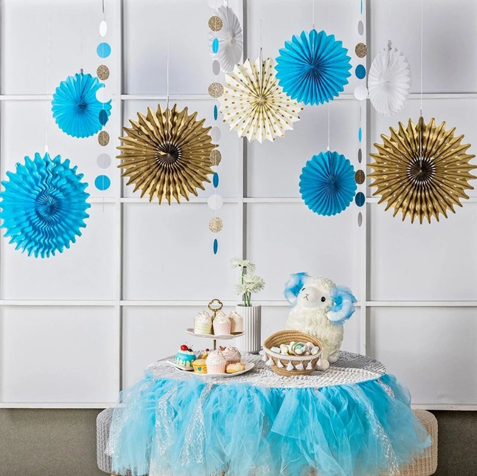 Blue Hanging Paper Fans Party Decoration Set Round Tissue Paper ...