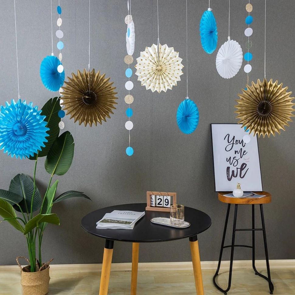 Blue Hanging Paper Fans Party Decoration Set Round Tissue Paper ...