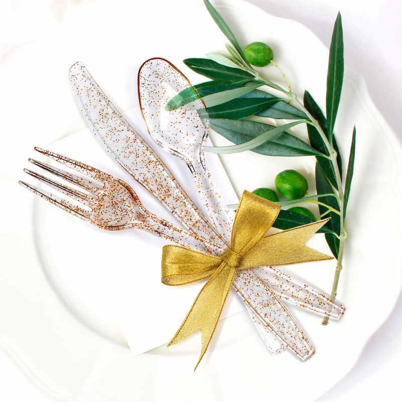 Gold Glitter Plastic Silverware Set Heavy Duty Clear Plastic Cutlery ...