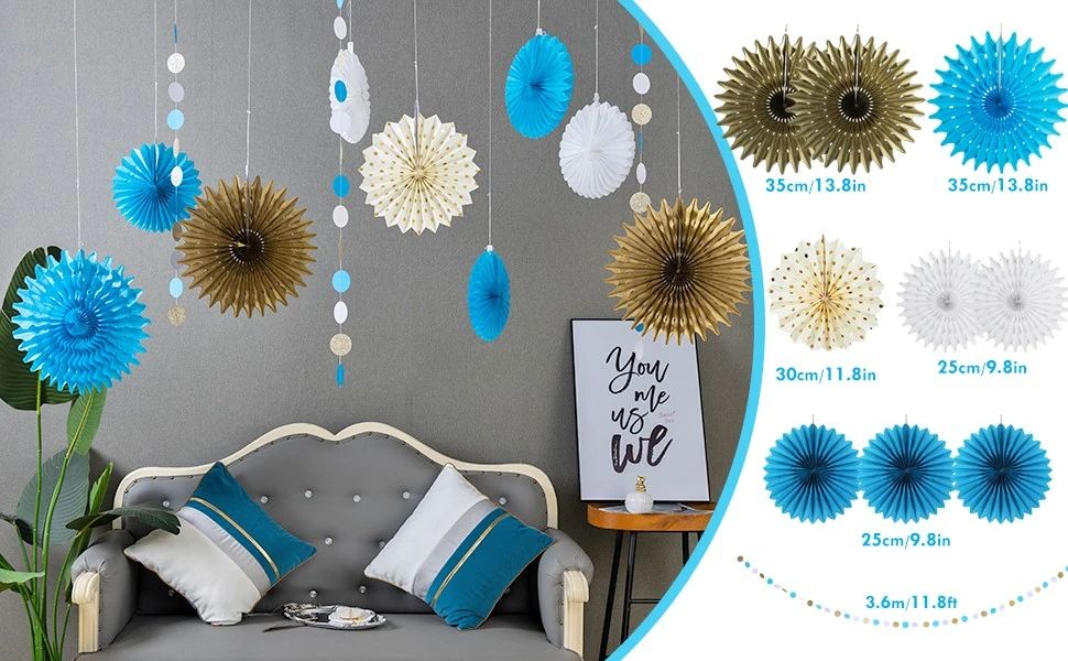 Blue Hanging Paper Fans Party Decoration Set Round Tissue Paper ...
