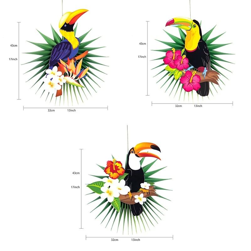 Hanging Paper Fans Jungle Animal Toucan Palm Leaves Summer Tropical ...